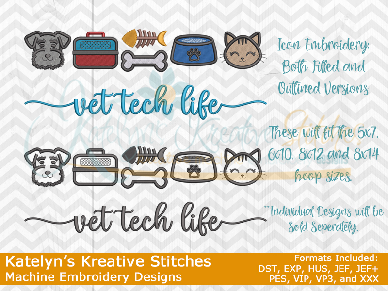 Vet Tech Life Icon Embroidery - Filled and Outline Versions